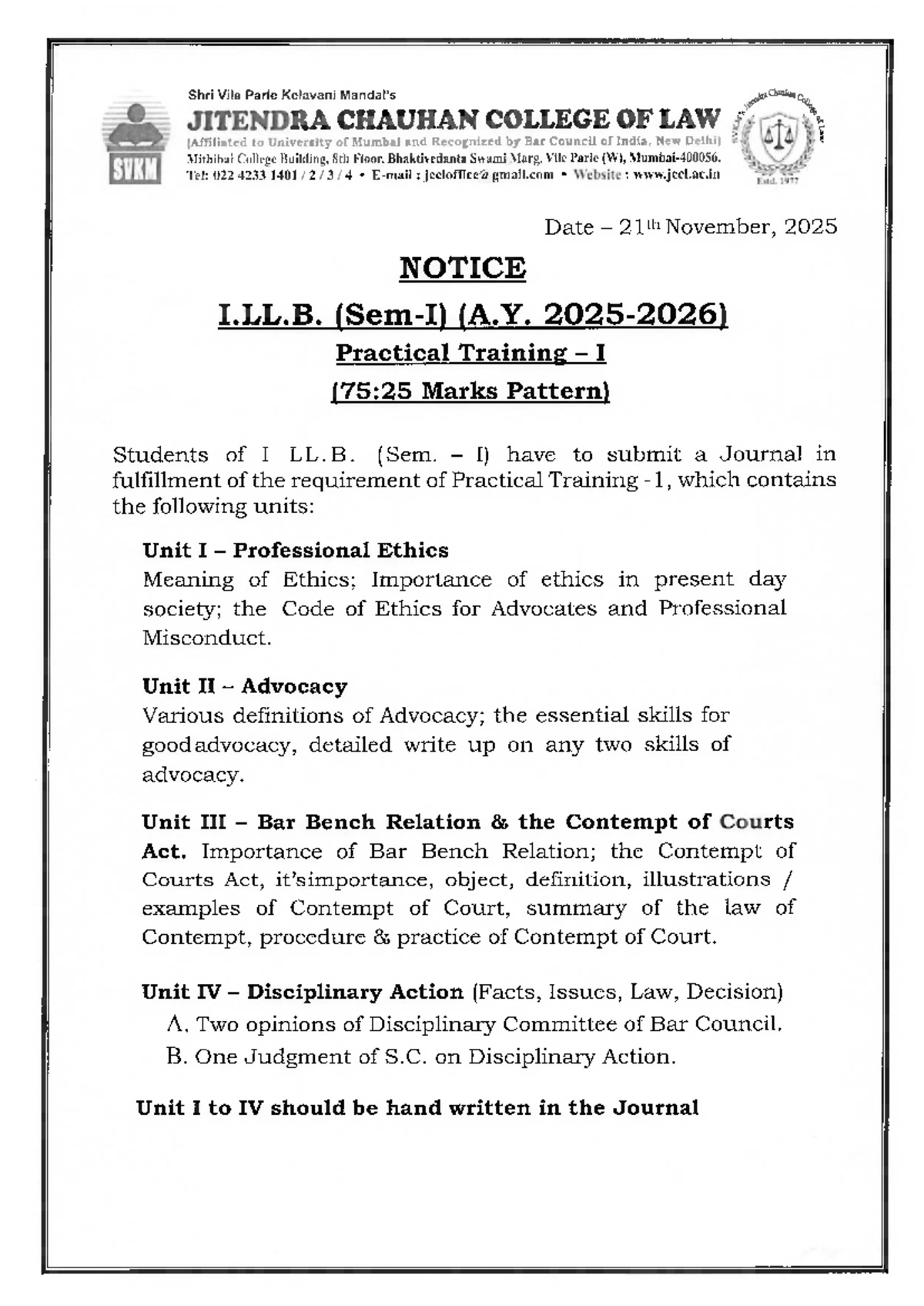 Practical Training I Journal Guidelines - I LL.B. Sem I (A.Y. 2025-26 ...