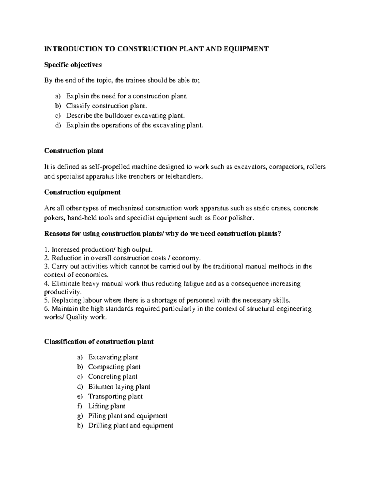 Introduction to Construction Plant & Equipment (CIV 202) - Studocu