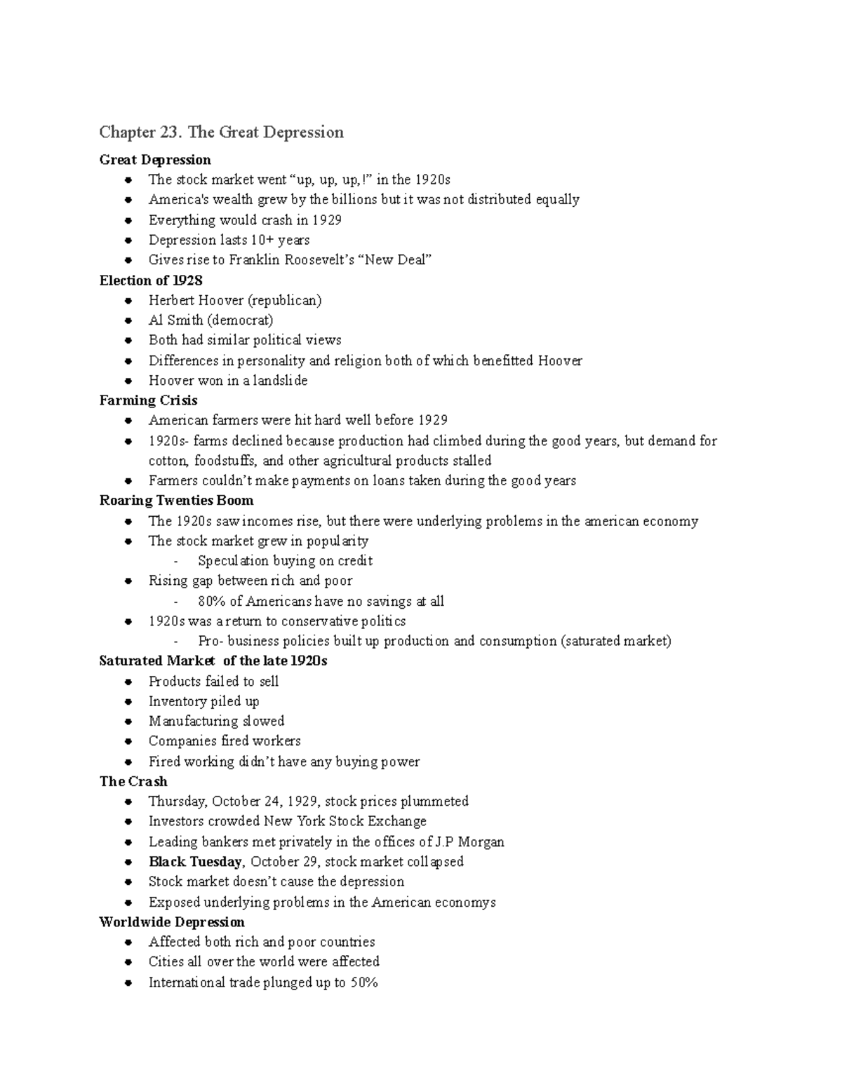 Great depression notes - Chapter 23. The Great Depression Great ...