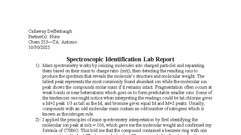 Ochem Lab 10: Spectroscopic Identification Techniques - Studocu