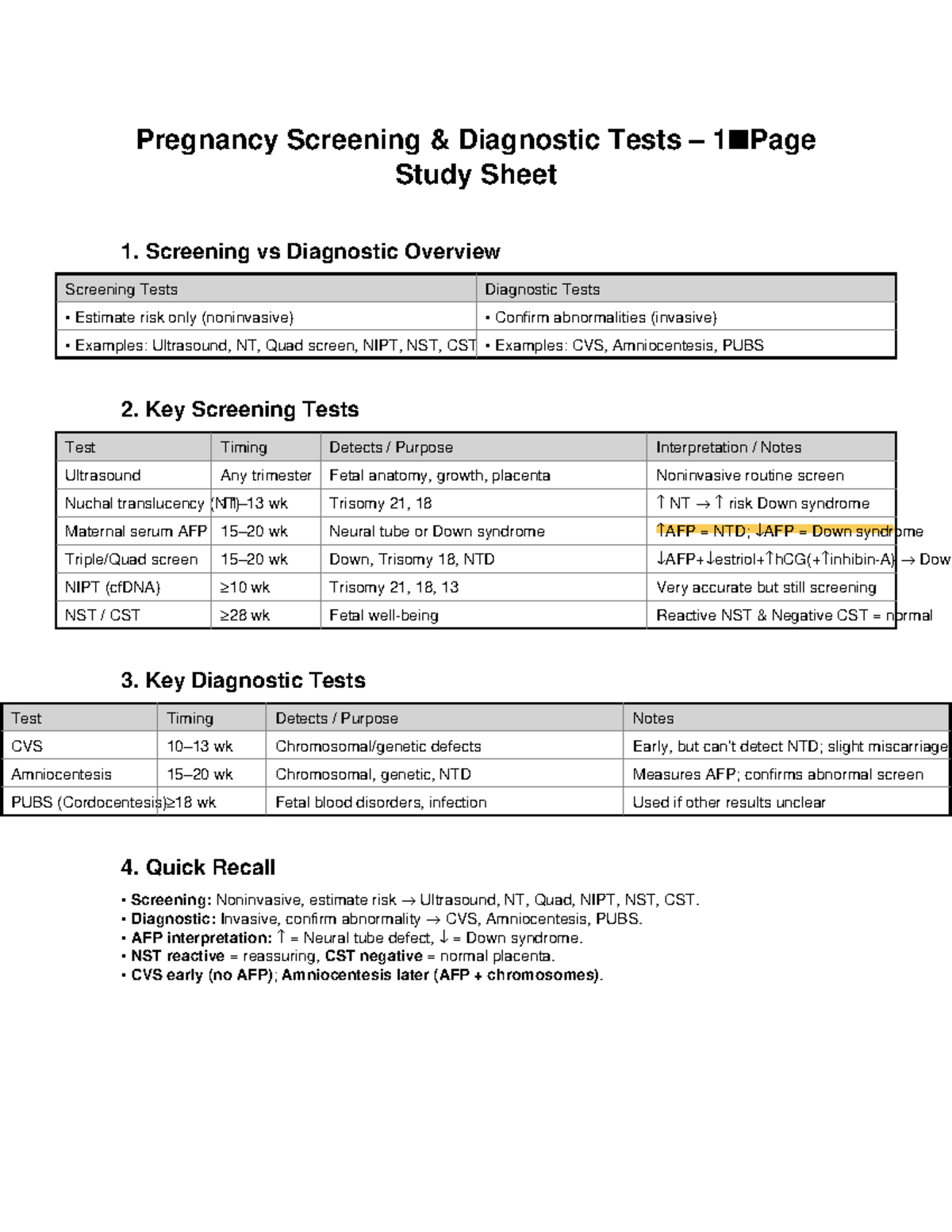 Prenatal Testing Study Sheet: Screening vs Diagnostic Tests Overview ...