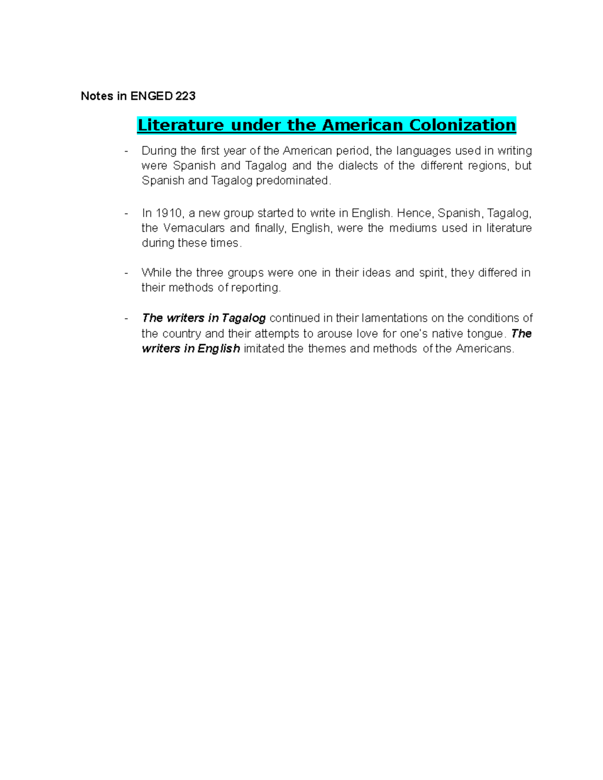 ENGED 223: Literature During the American Colonization Period - Studocu