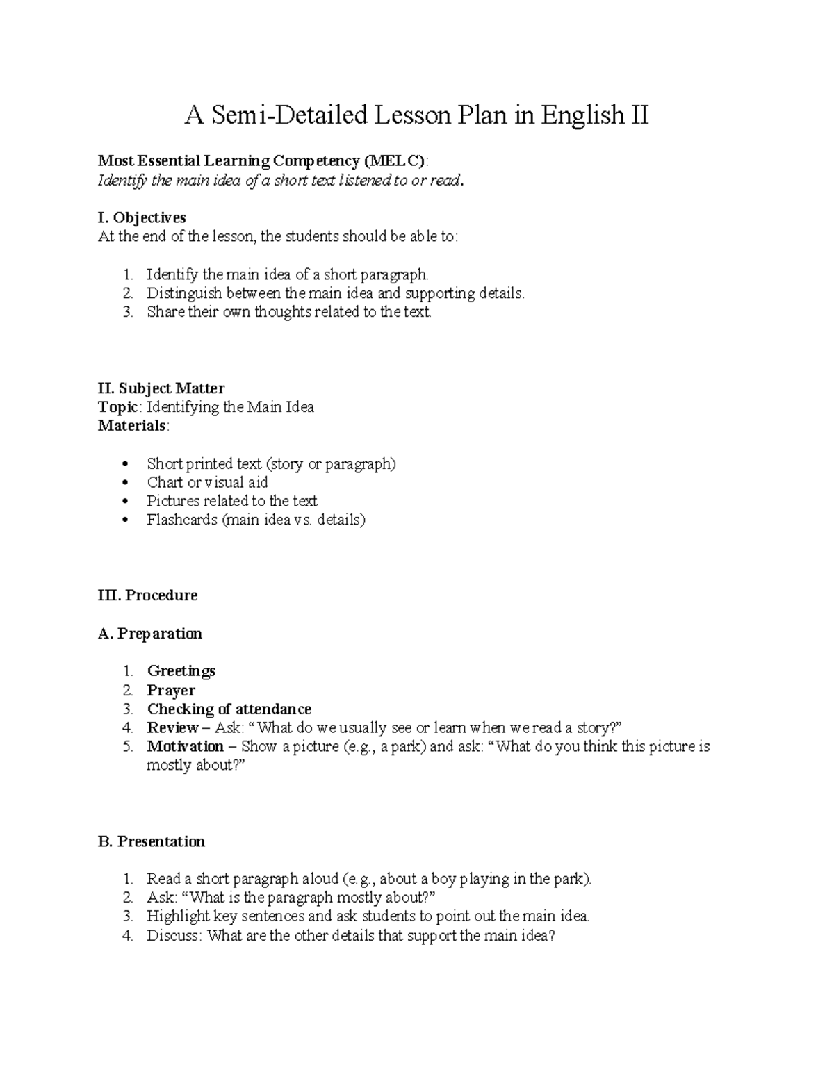 Semi-Detailed Lesson Plan: Identifying Main Ideas in English II - Studocu