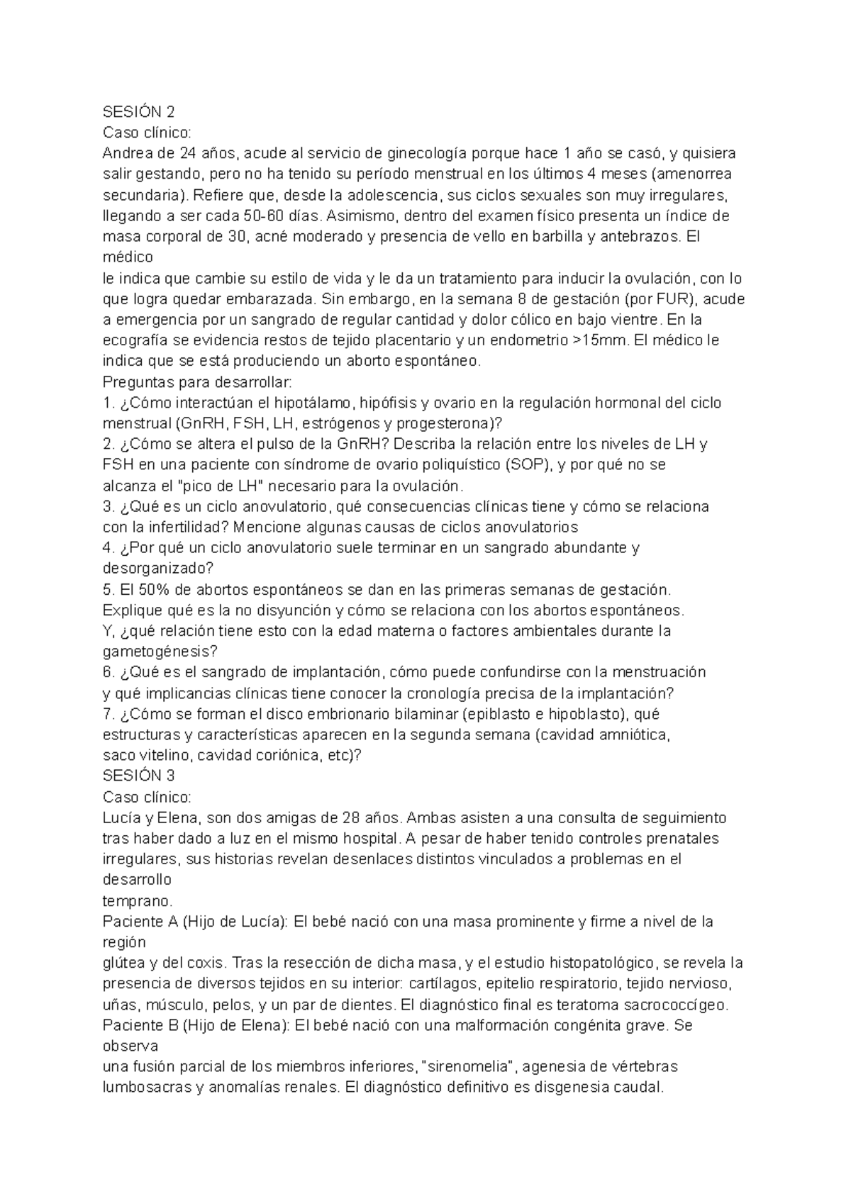 Casos Clínicos de Ginecología y Embriología - SESIONES 2 a 6 - Studocu
