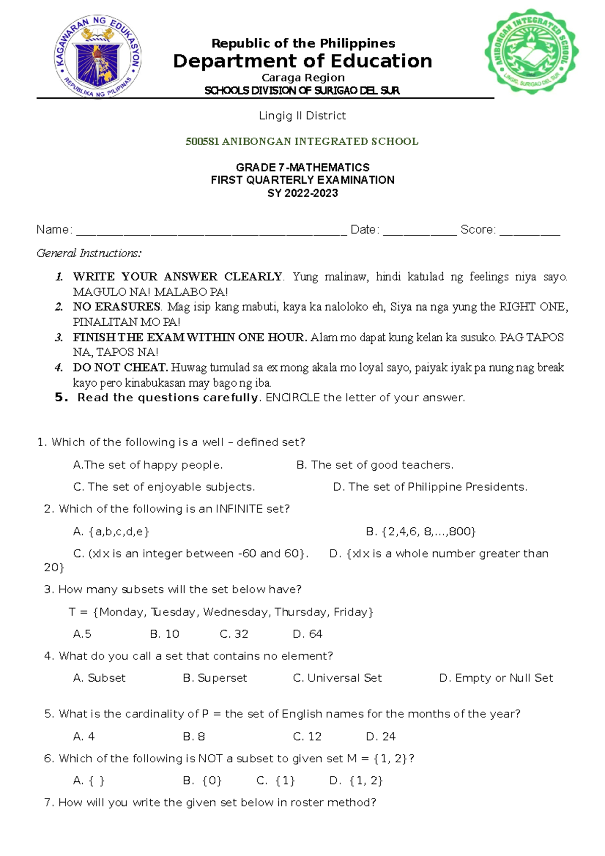 MATH 7 - 1st Quarter Exam Review SY 2022-2023 - Studocu