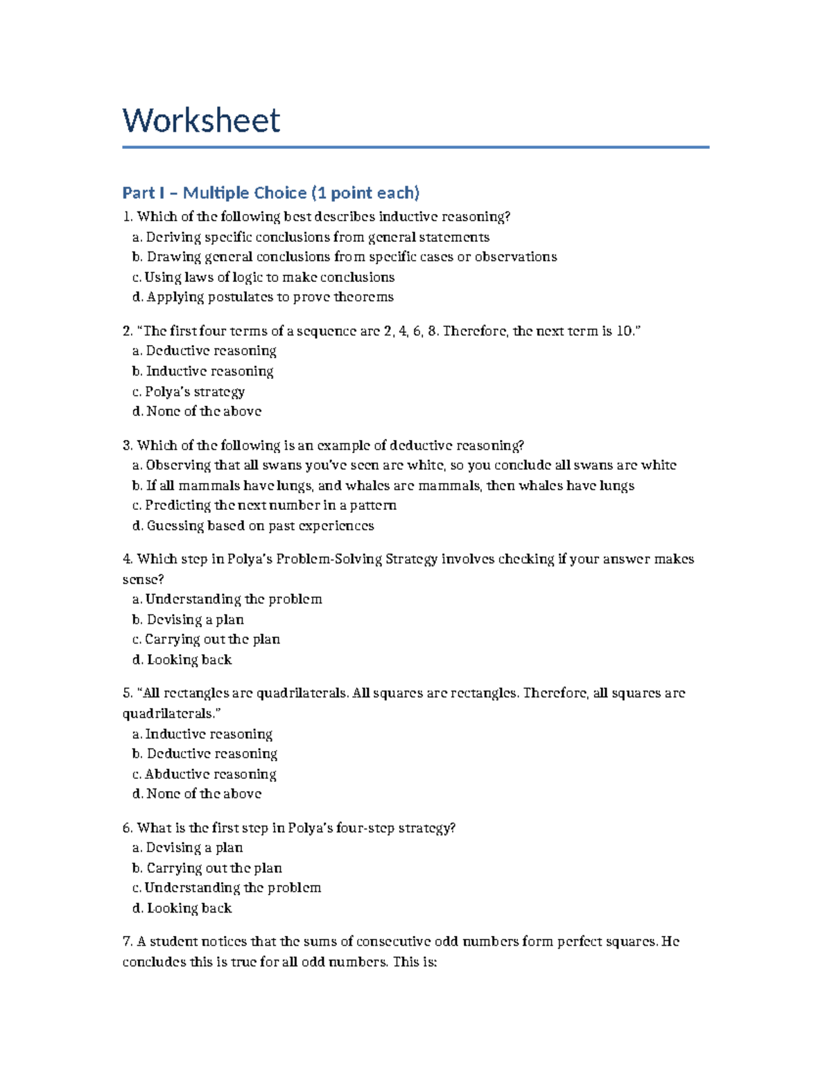 MMW Worksheet: Inductive & Deductive Reasoning Concepts - Studocu