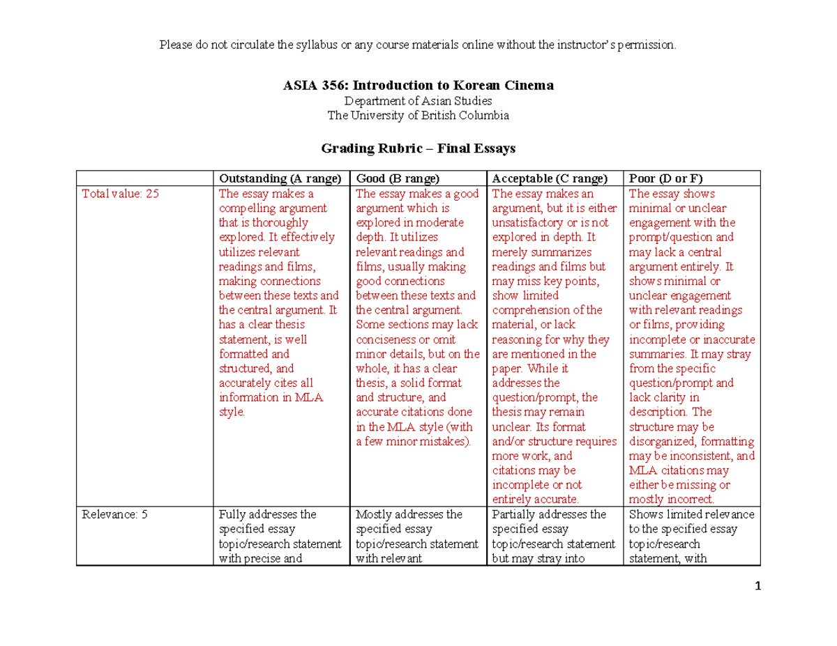 ASIA 356: Final Essay Grading Rubric for Korean Cinema - Studocu