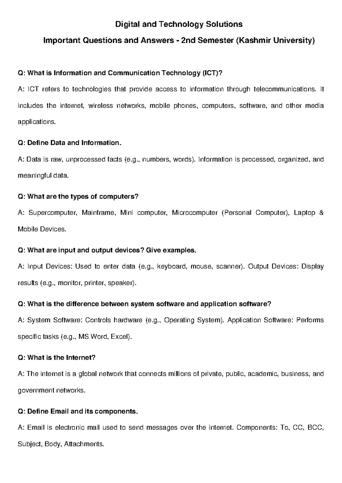 Digital & Tech Solutions Important Q&A 2nd Sem (Kashmir Univ) - Studocu