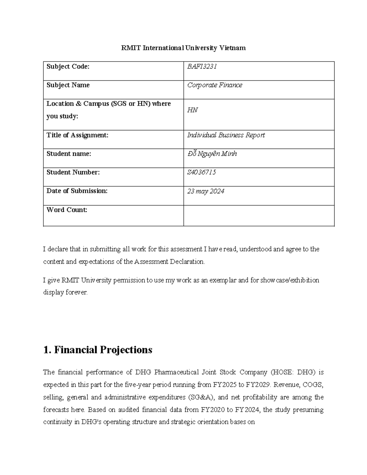 BAFI3231 Corporate Finance: Individual Business Report on DHG ...