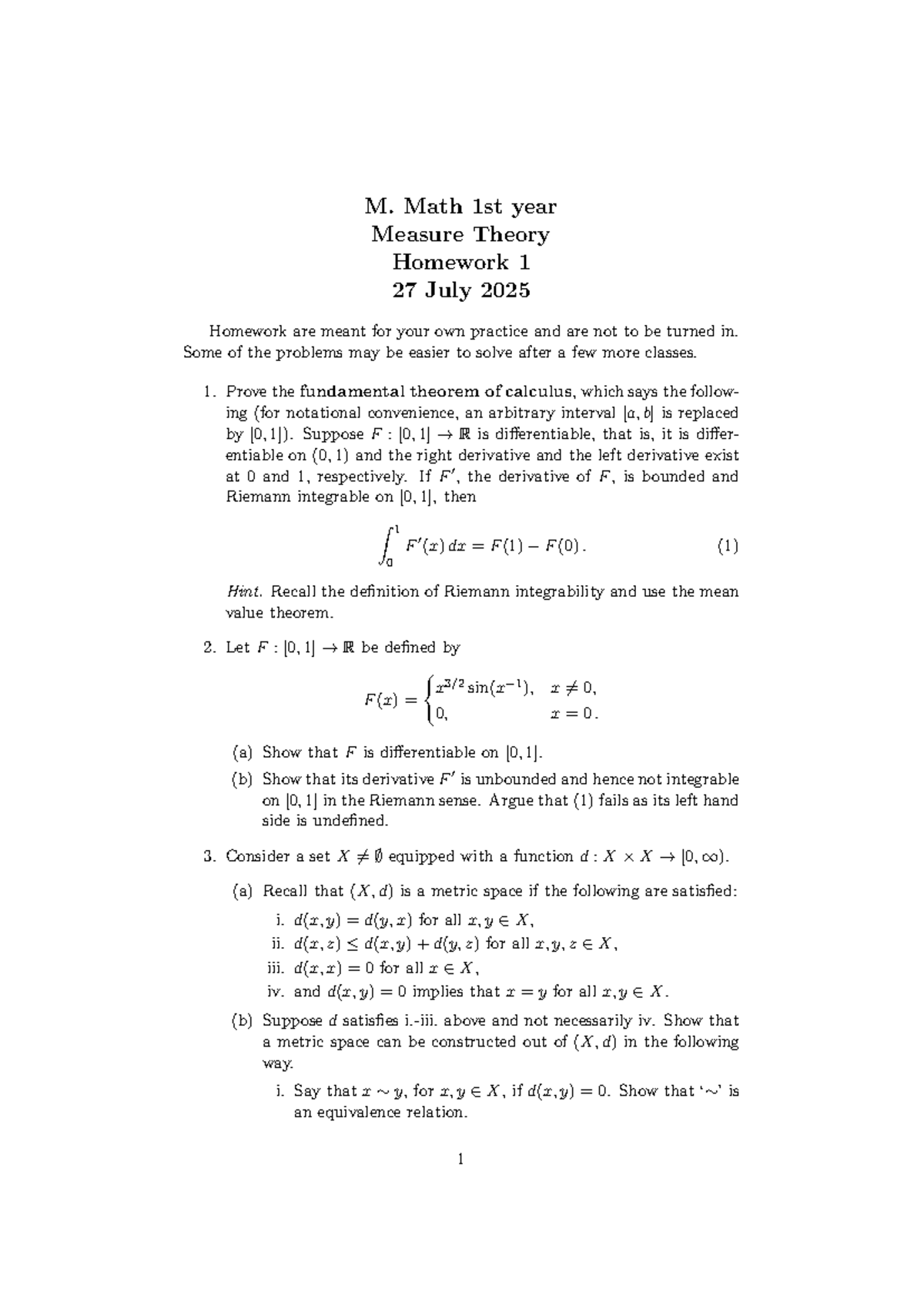 M. Math 1st Year Measure Theory HW1 - Fundamental Theorem & Metrics ...