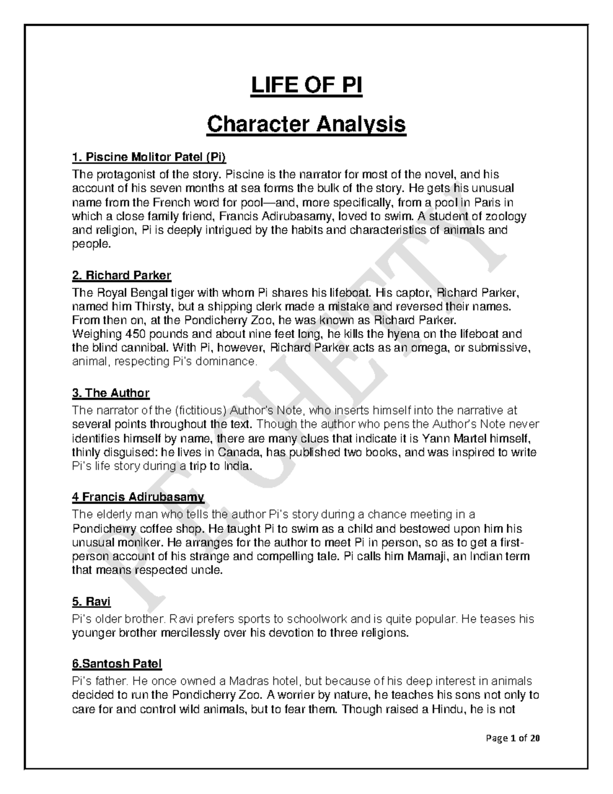 LIFE OF PI (ENG 101) Comprehensive Character Analysis and Themes - Studocu