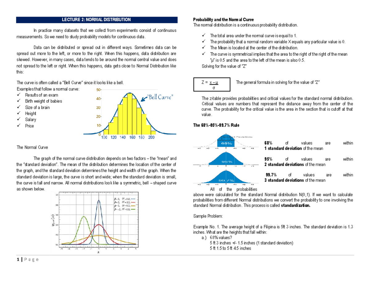 LECTURE 3: UNDERSTANDING NORMAL DISTRIBUTION AND PROBABILITIES - Studocu