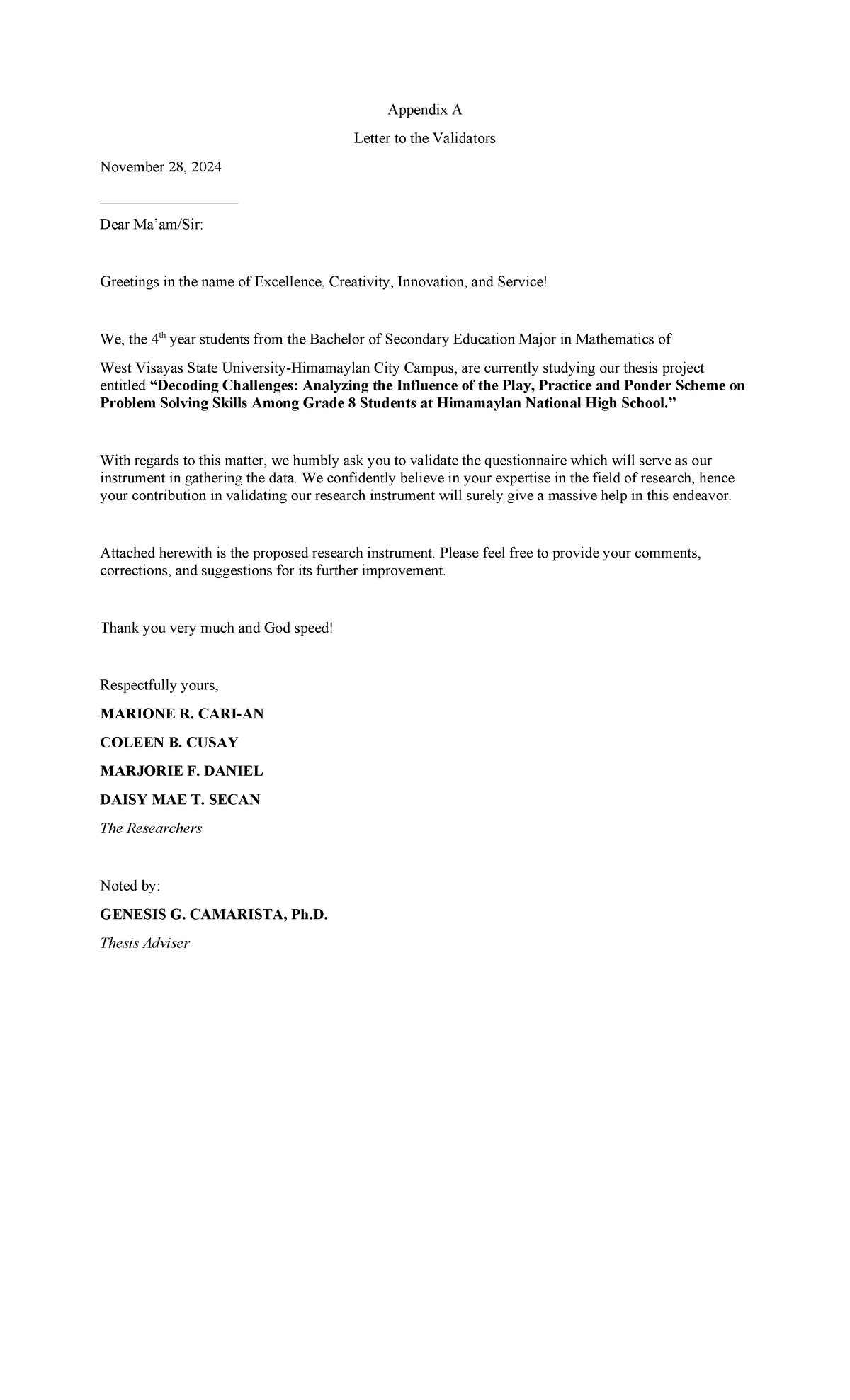 BSED Math Thesis Appendices: Letters to Validators, Principal & More ...