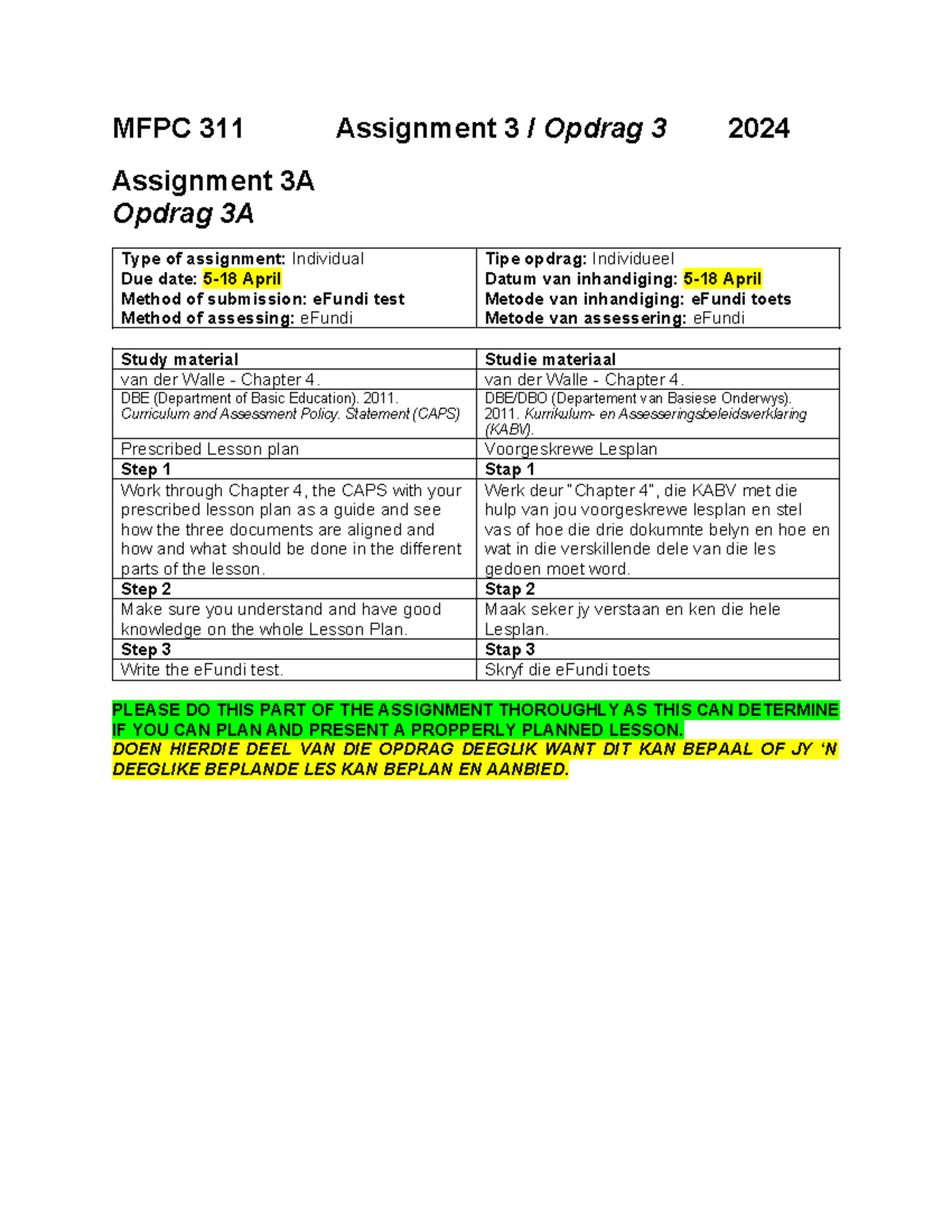 MFPC 311 Assignment 3A & 3B: Lesson Planning for 2024 - Studocu