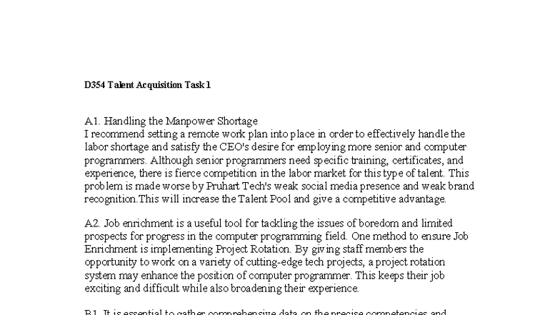 D354 Task 1: Strategies for Talent Acquisition & Job Enrichment - Studocu