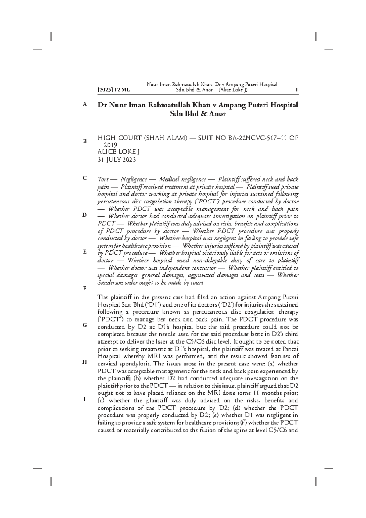 Dr Nuur Iman Rahmatullah Khan v Ampang Puteri Hospital Sdn Bhd & Anor: Case - Studocu