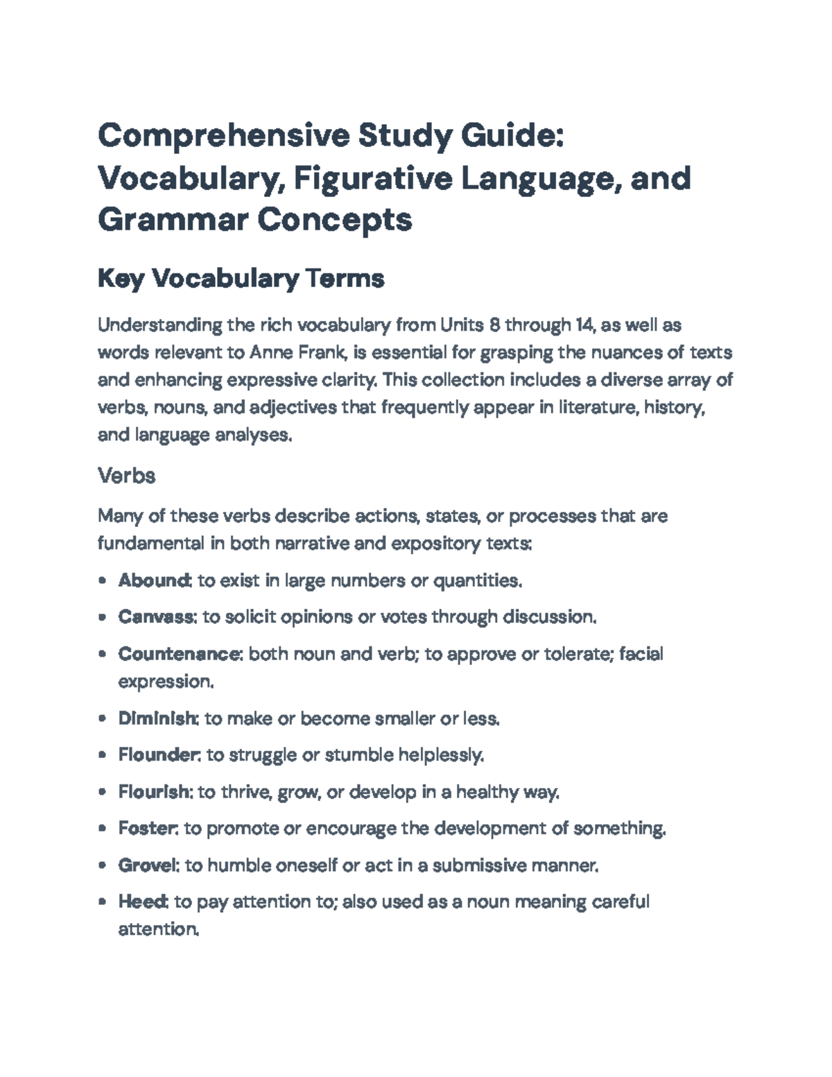 Comprehensive Study Guide: Vocabulary, Figurative Language, and Grammar ...