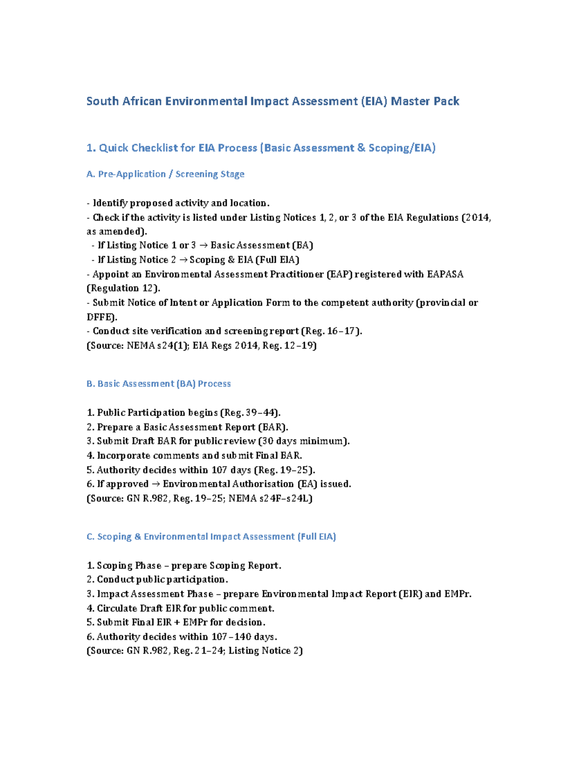 South Africa EIA Master Pack 1: Quick Checklist for Basic Assessment ...