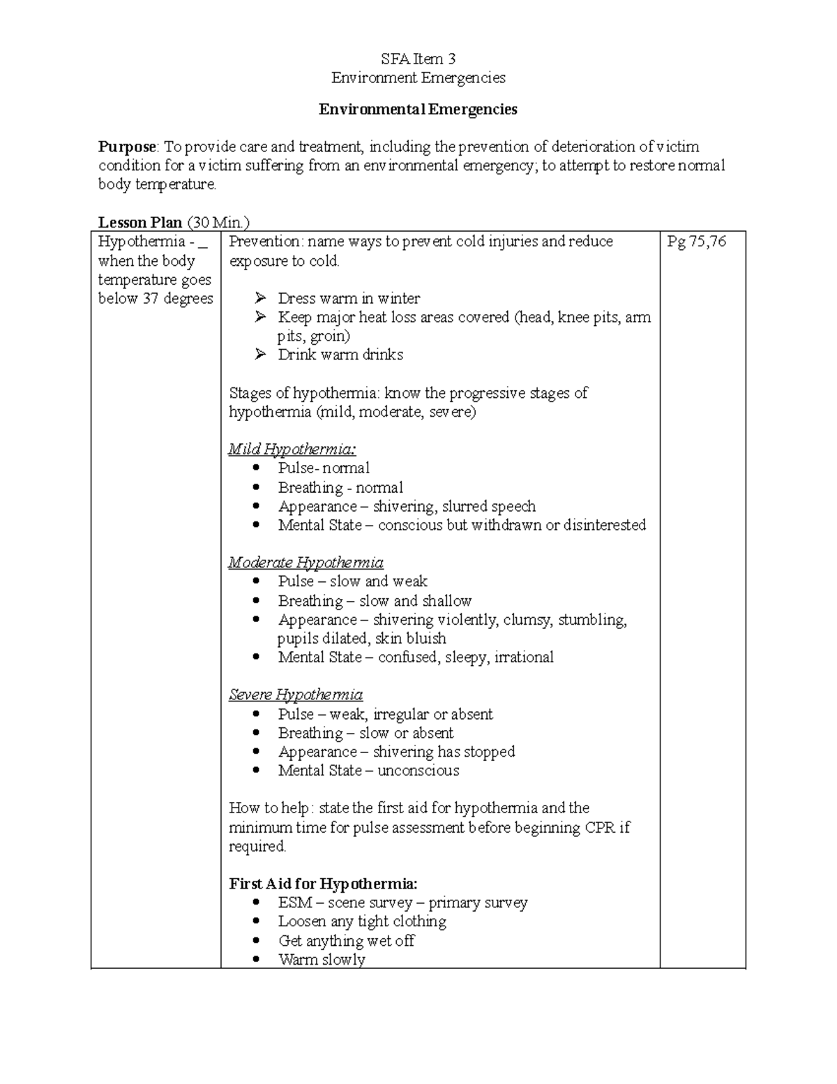 SFA Item 3 - Lesson Plan on Environmental Emergencies and First Aid ...