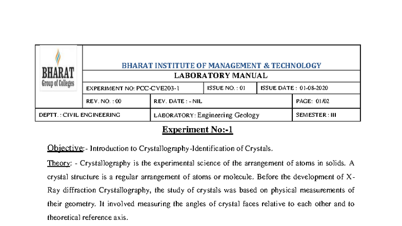 Laboratory Manual: Engineering Geology Experiment 1 - Crystallography ...