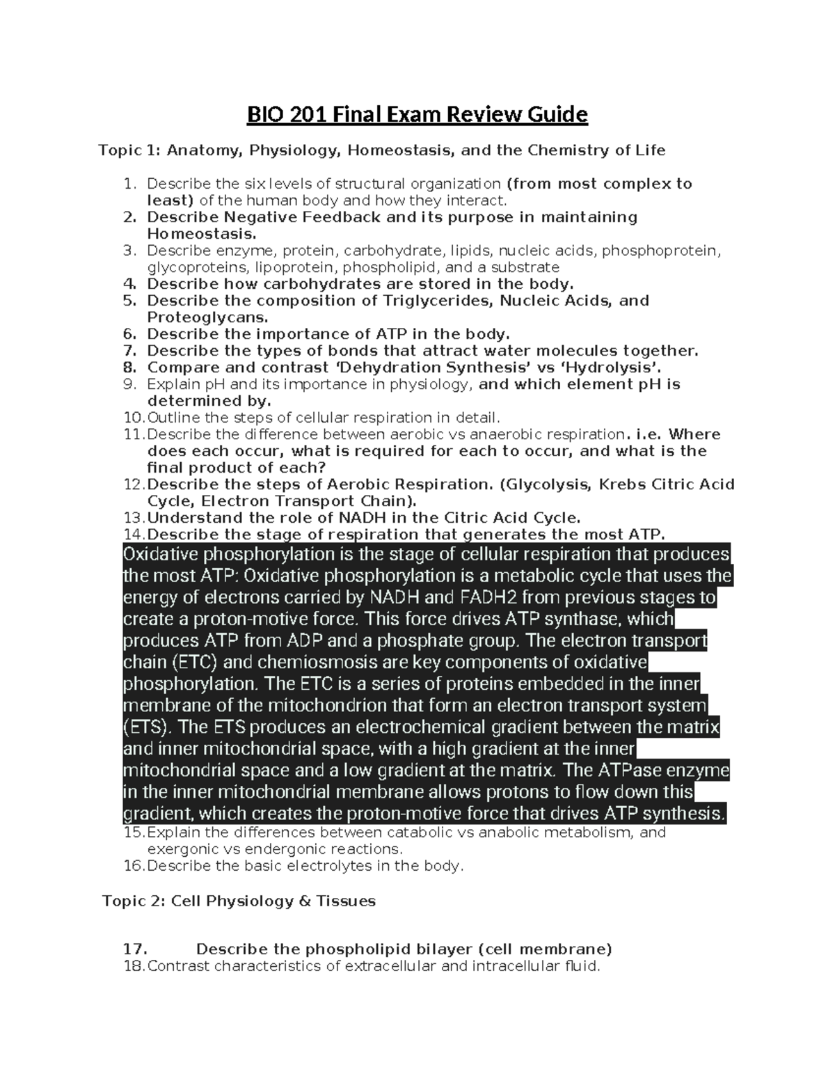 BIO 201 Final Exam Comprehensive Review Guide: Key Topics & Concepts - Studocu