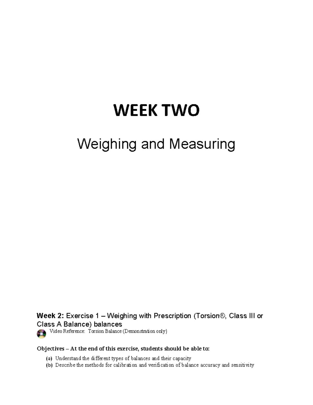 Compounding Lab Exercises: Week 2 - Weighing & Measuring Techniques ...