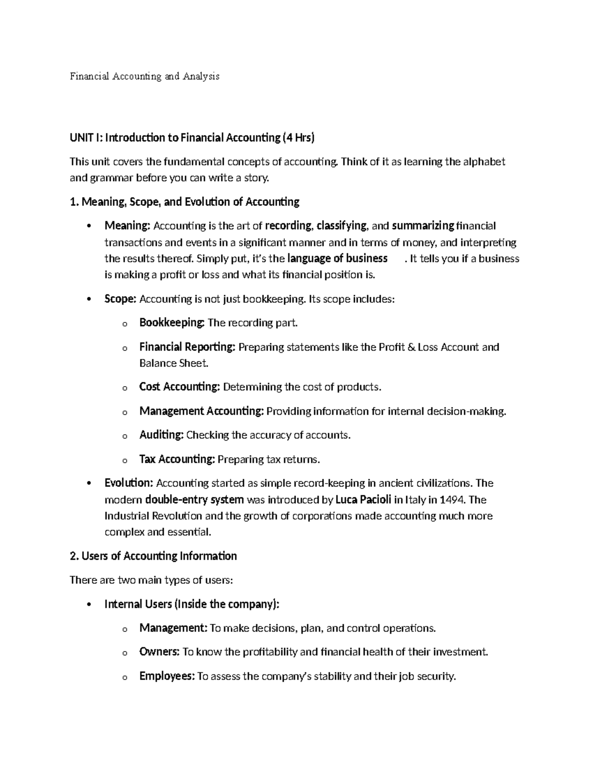 Financial Accounting and Analysis: Unit I Overview and Concepts - Studocu