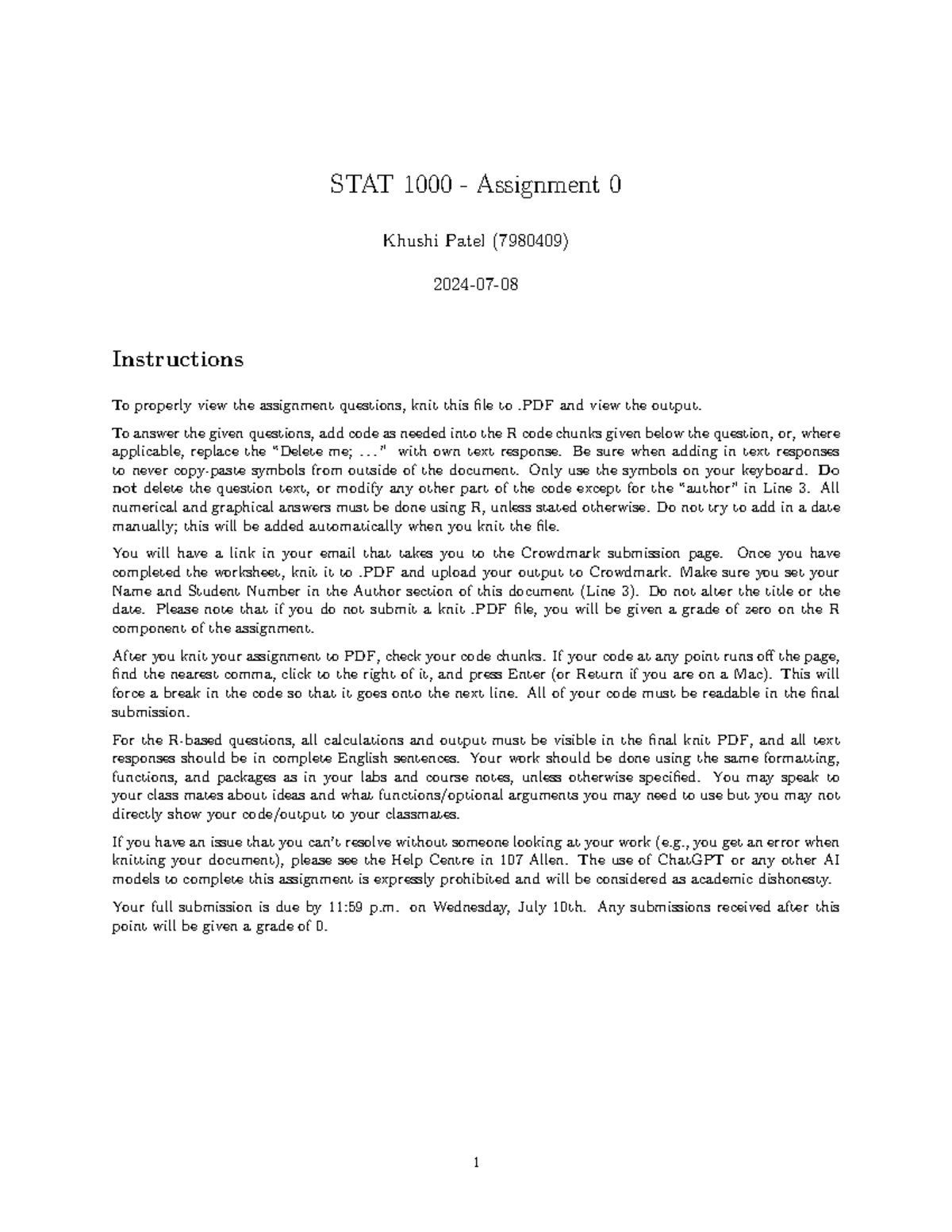 STAT 1000 A0 SV - Stats r studio - STAT 1000 - Assignment 0 Khushi ...