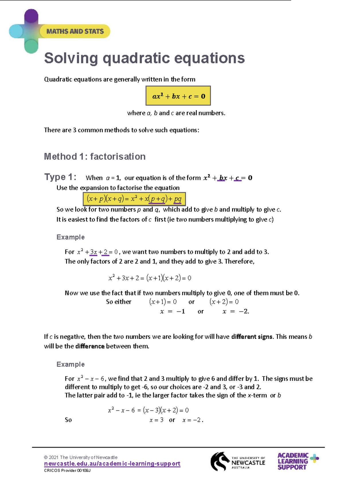 Quadratic Equations: Methods & Exercises (MATH 024 T02) - Studocu