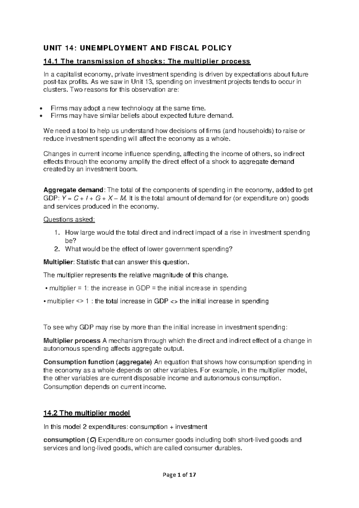 Unit 14 Summary: Unemployment & Fiscal Policy for BCom 1st Year - Studocu