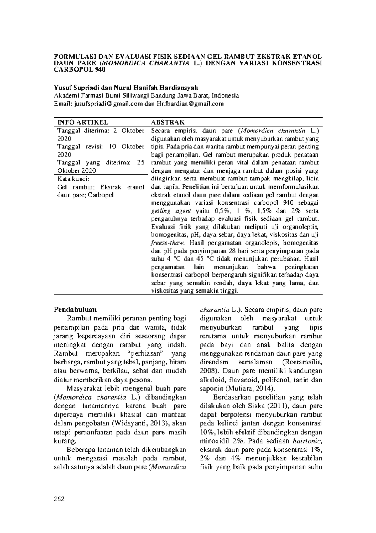Formulasi dan Evaluasi Fisik Gel Rambut Ekstrak Etanol Daun Pare (MOMORDICA - Studocu