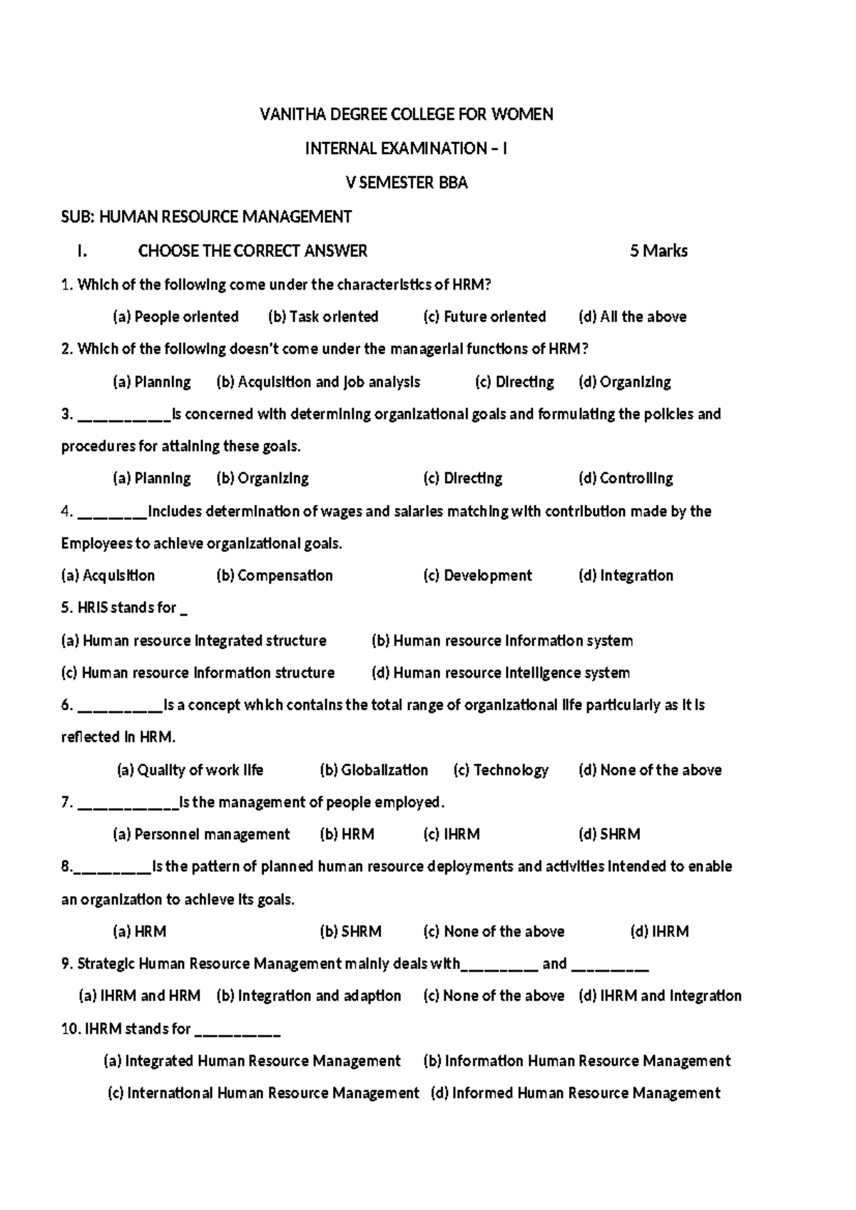 BBA IV Sem HRM Internal Exam Question Paper - Studocu