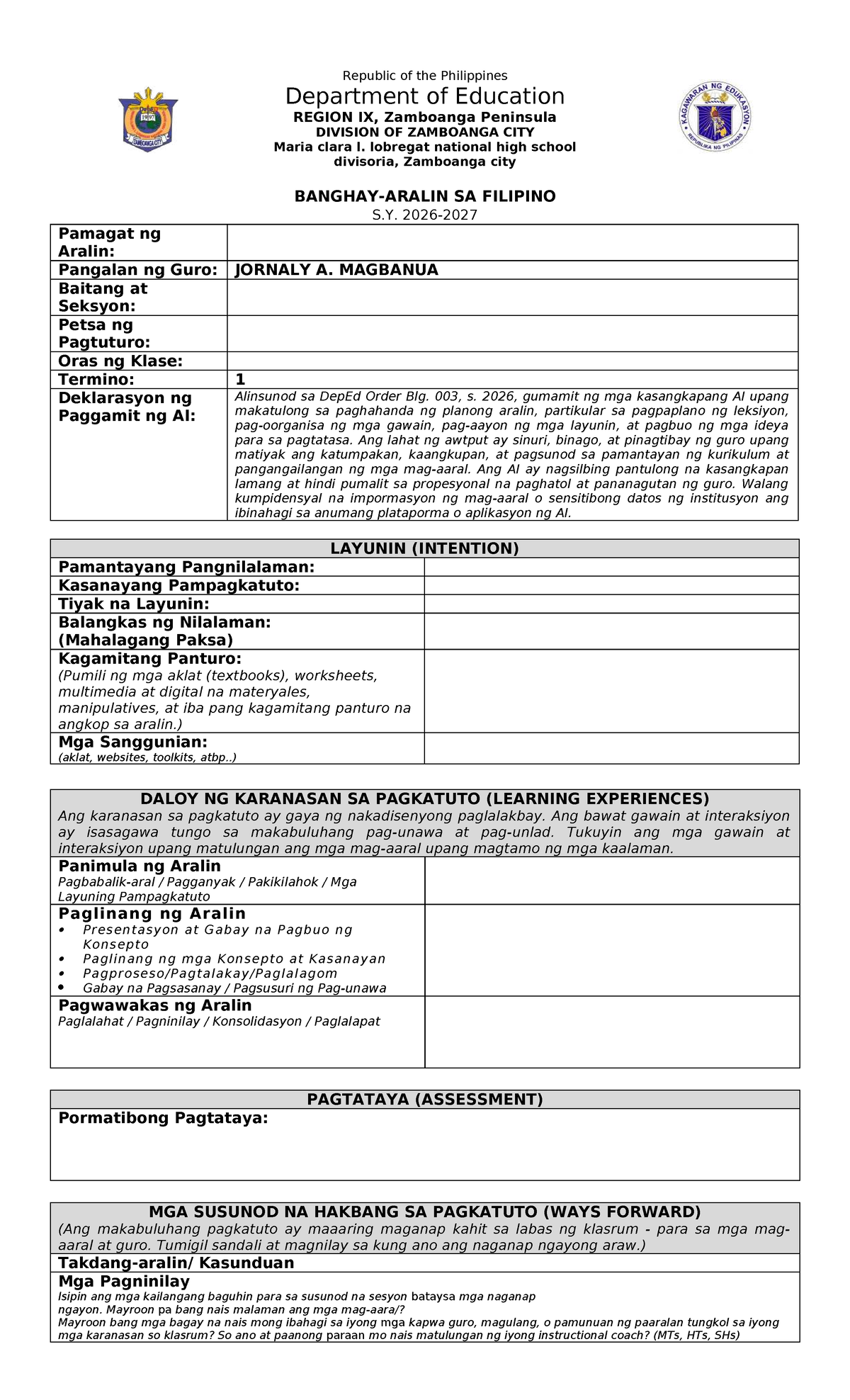 ILAW Daily LP Filipino: Lesson Plan for S.Y. 2026 - Studocu