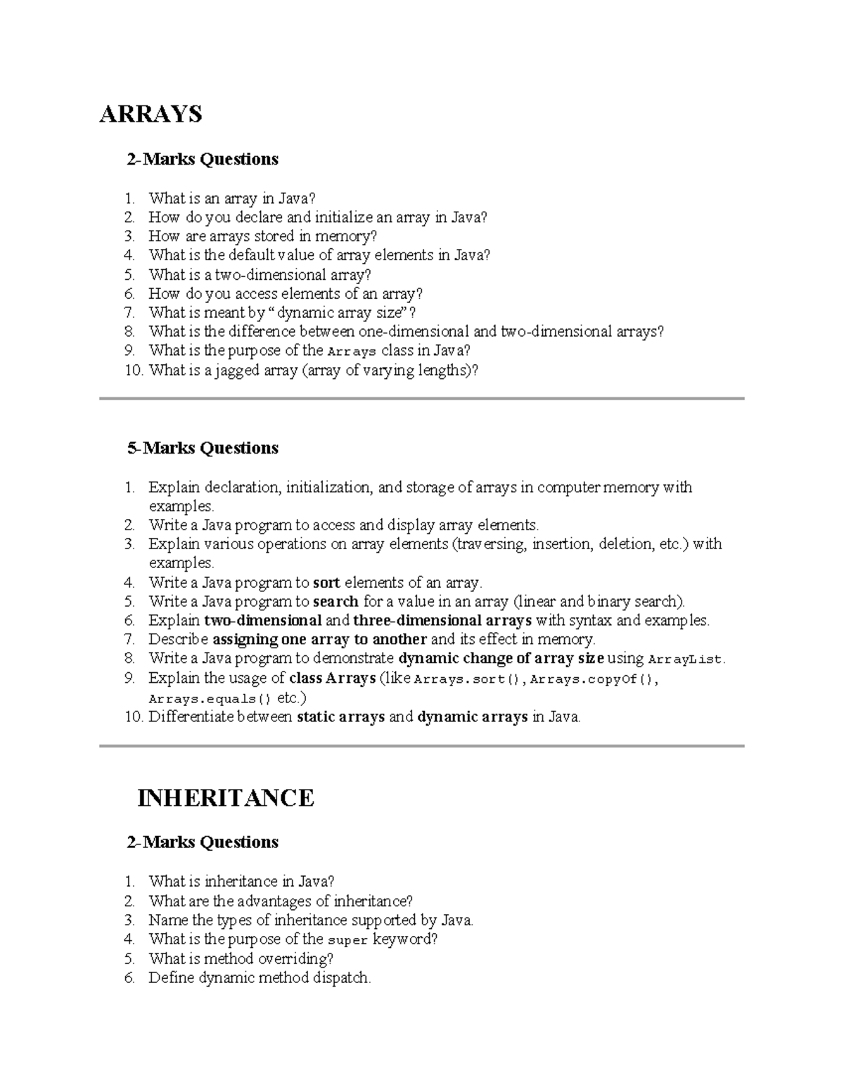 Java Arrays, Inheritance & Interfaces: Important Questions (Unit-3 ...