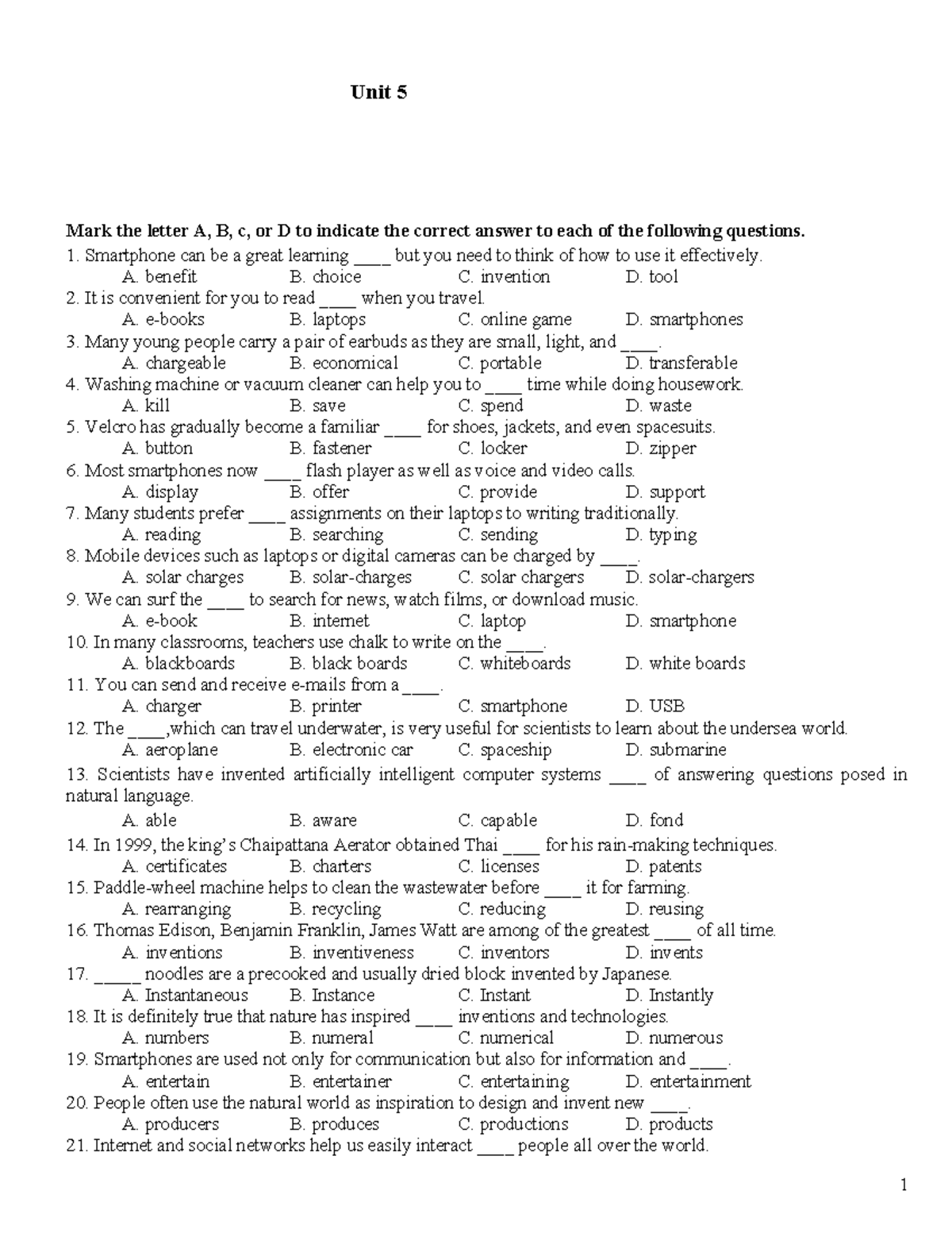 Unit 5 Quiz Answers and Key - English Language Learning - Studocu
