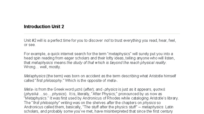 Introduction to Metaphysics - Unit 2 - Philosophy - Studocu