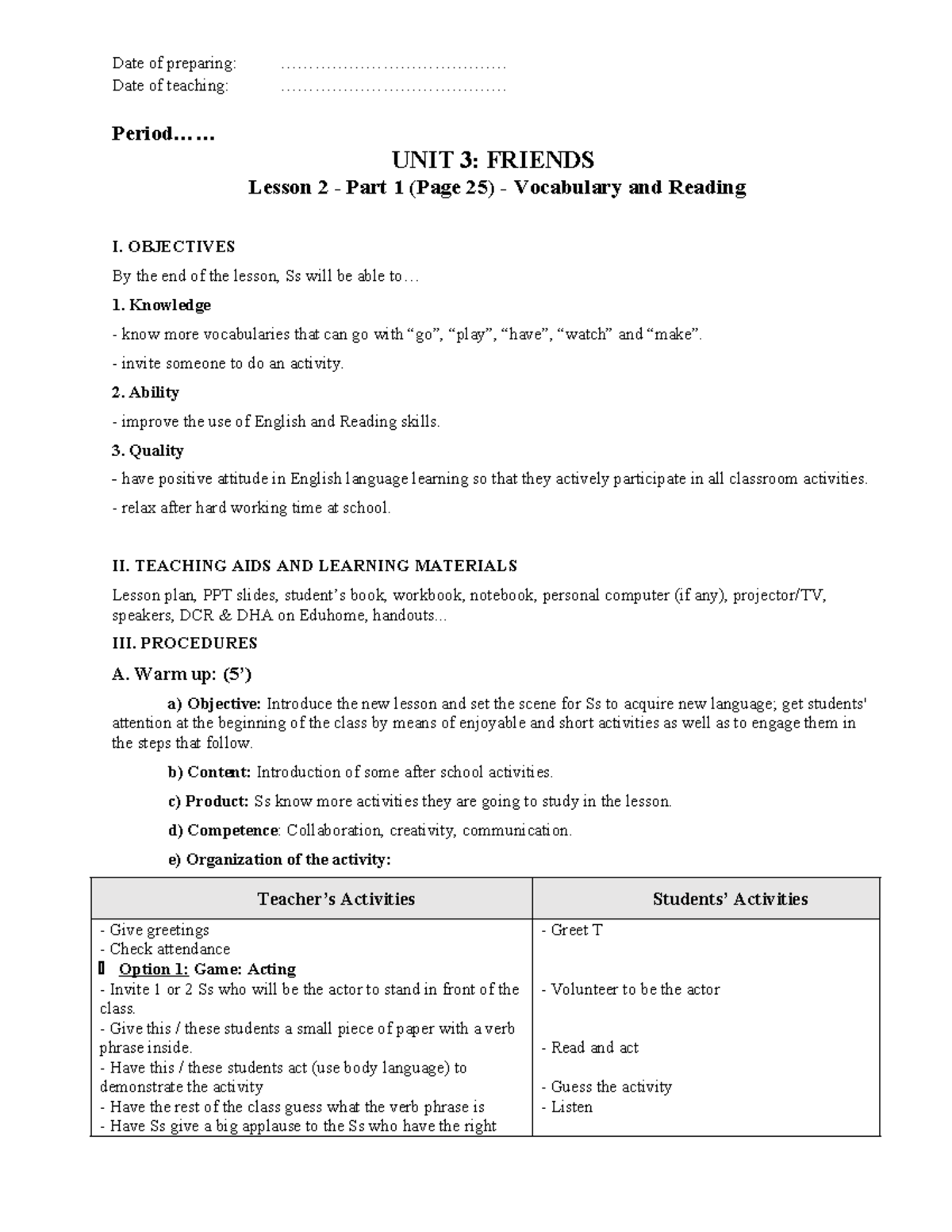 UNIT 3: Lesson 2 Part 1 - Vocabulary & Reading Activities - Studocu