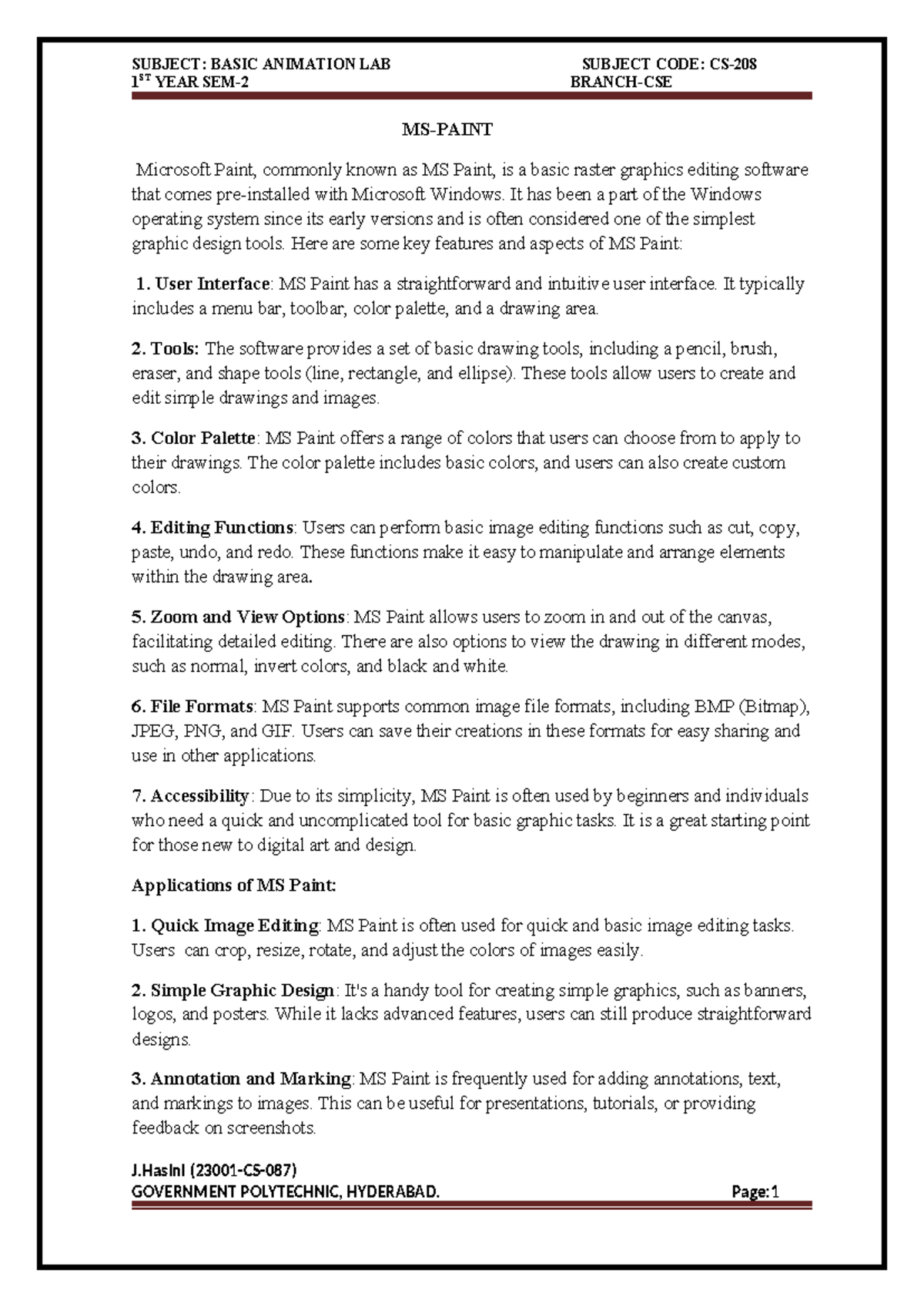 Lab Practical Manual on MS Paint: Exercises for 1st Year CSE Students ...
