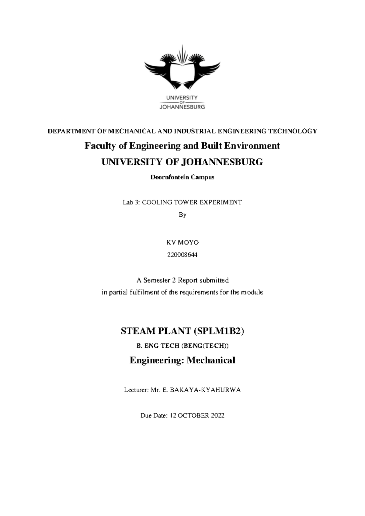 Cooling Tower Lab Report 3 for SPLM1B2: Experiment Analysis and Findings - Studocu