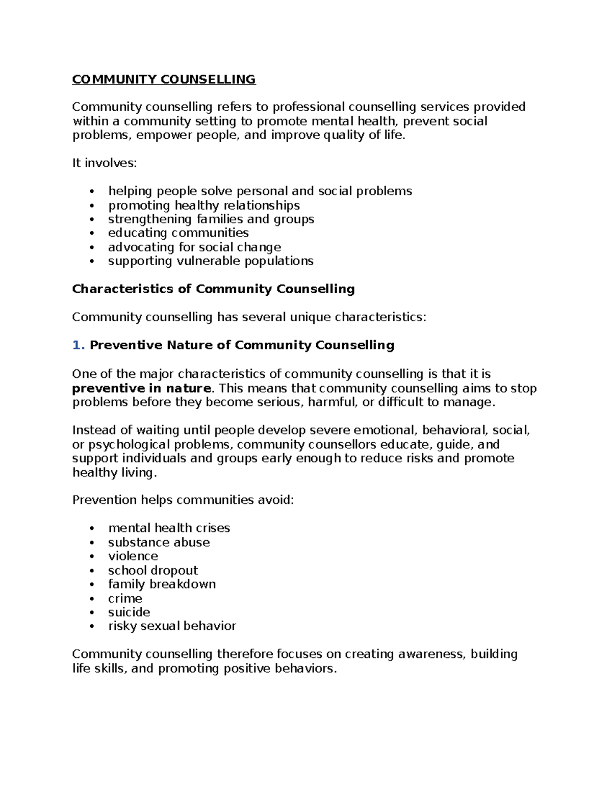 COMMUNITY COUNSELLING: Strategies for Mental Health & Prevention - Studocu