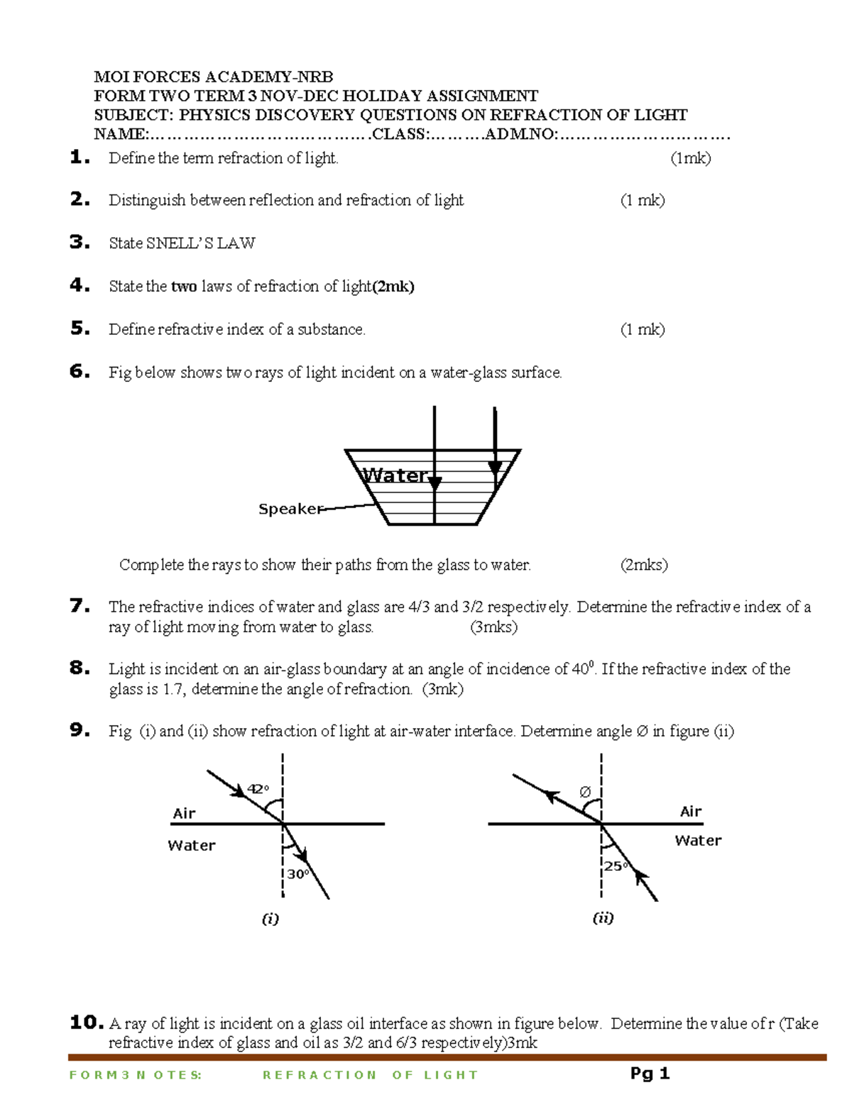Physics Form 2 Term 3 Holiday Assignment on Refraction of Light - Studocu