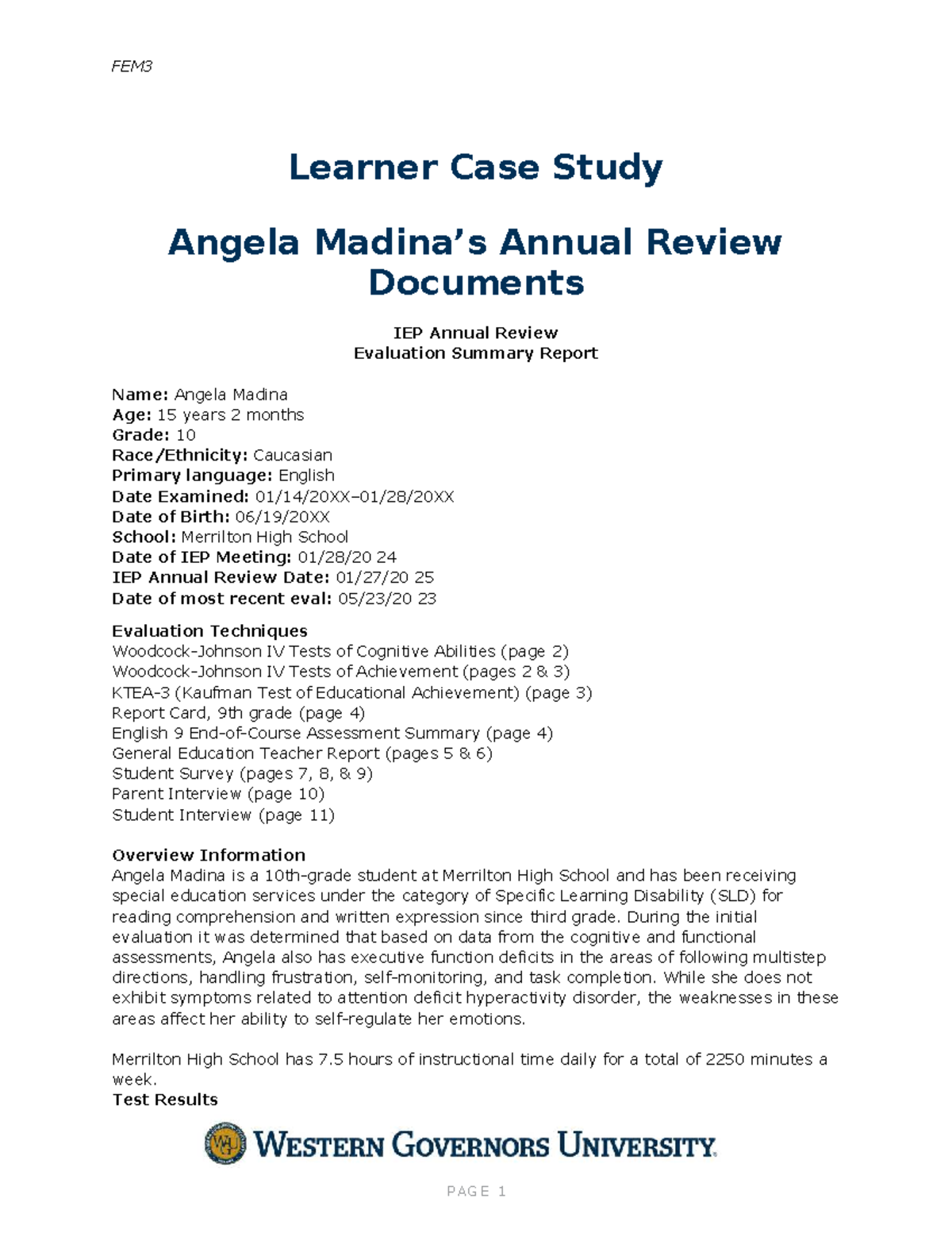 FEM3 Learner Case Study: Angela Madina's IEP Annual Review Summary - Studocu