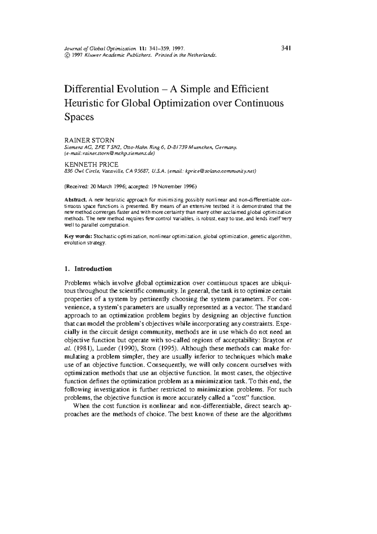 Differential Evolution: A Robust Heuristic for Global Optimization (DE ...