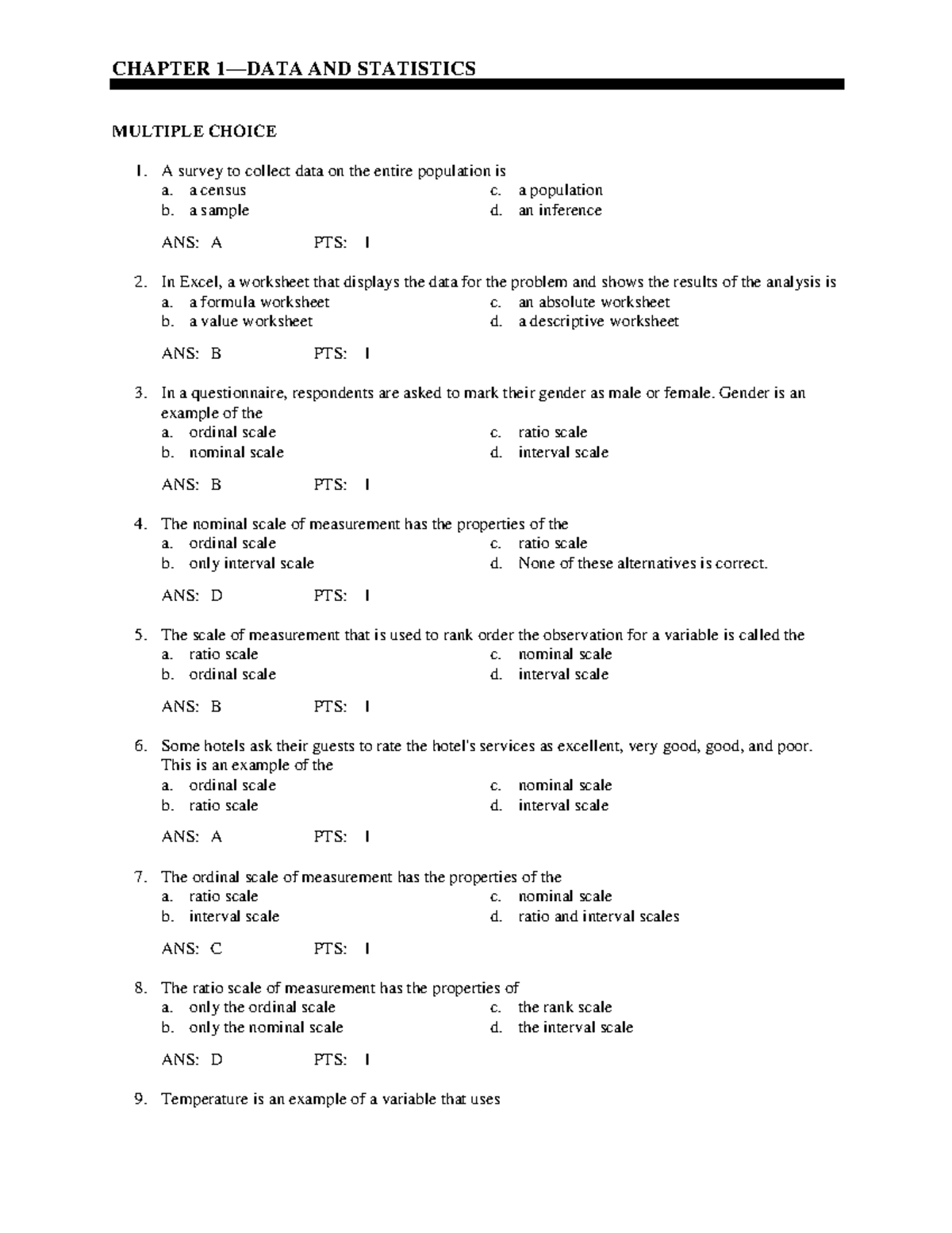 Ch 1 MC - Statistics Multiple Choice Questions - Studocu