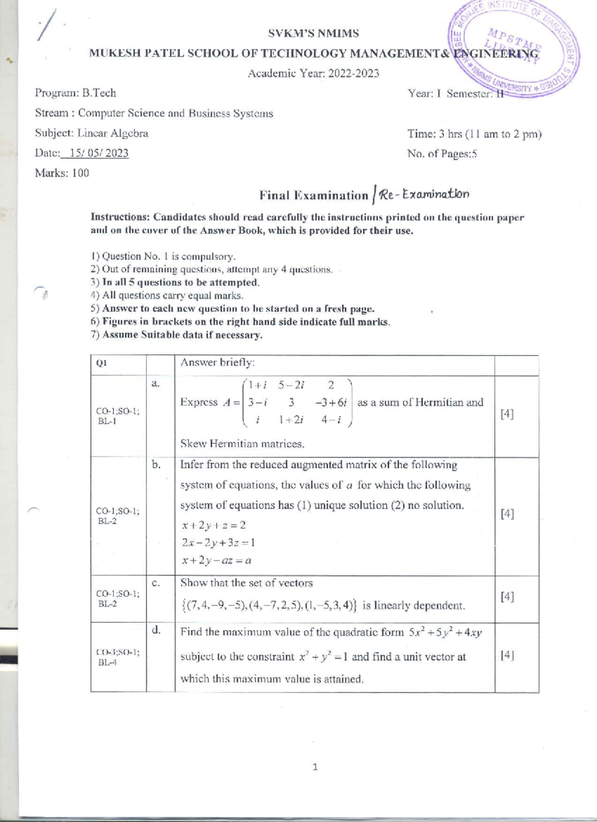 Linear Algebra B.Tech Sem-I Final Exam 2022-23 - Studocu