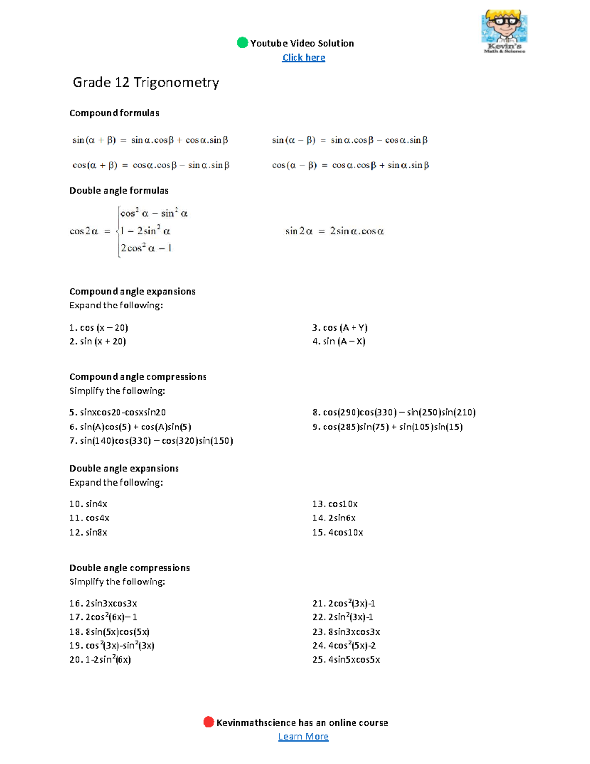 Kelvin Maths (Trigonometry Worksheet) - Click here Kevinmathscience has ...