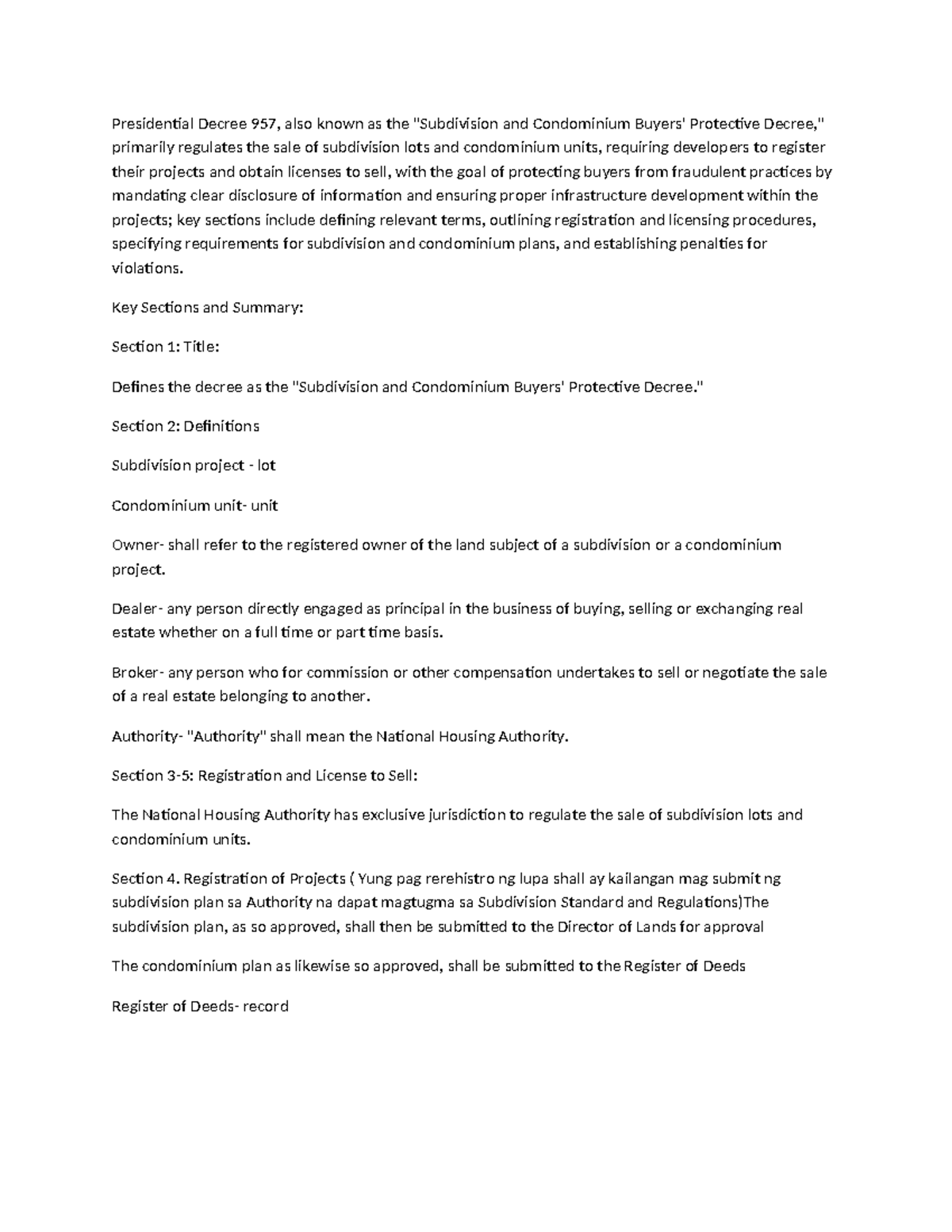 PD-957: Comprehensive Review of the Condominium Protective Decree - Studocu