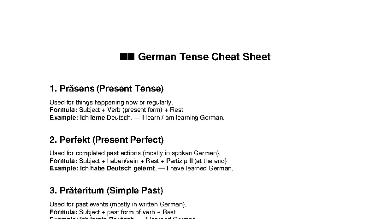 German Tenses Overview: Präsens, Perfekt, Präteritum Cheat Sheet - Studocu