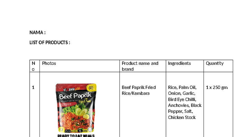 NAMA: Food Declaration for Travel - Product List - Studocu