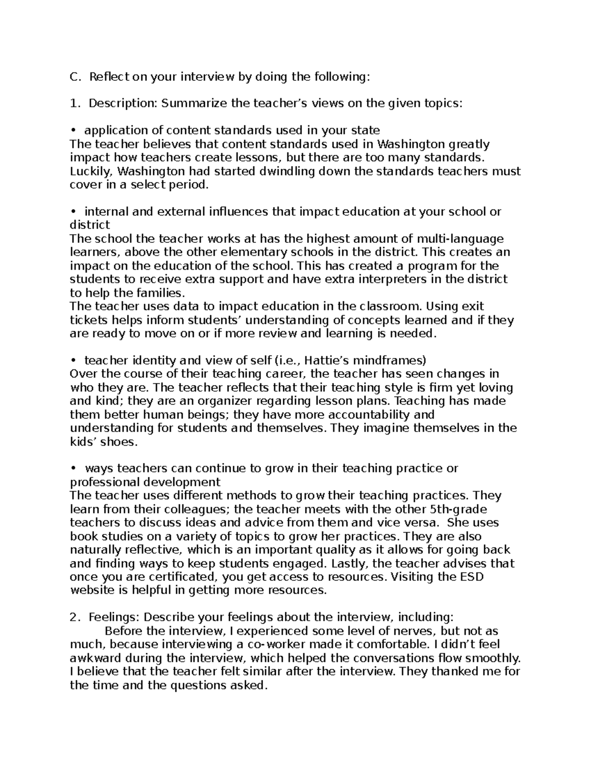 Task 2 Reflection on Interview Insights for D166 Class - Studocu